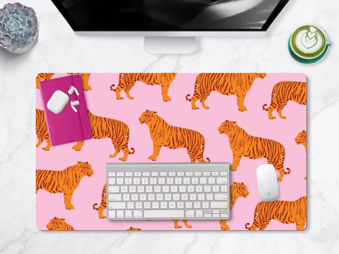 Wild Cat Desk Mat, Tiger Desk Mat, Pink Desk Accessory, Cute Workspace ...