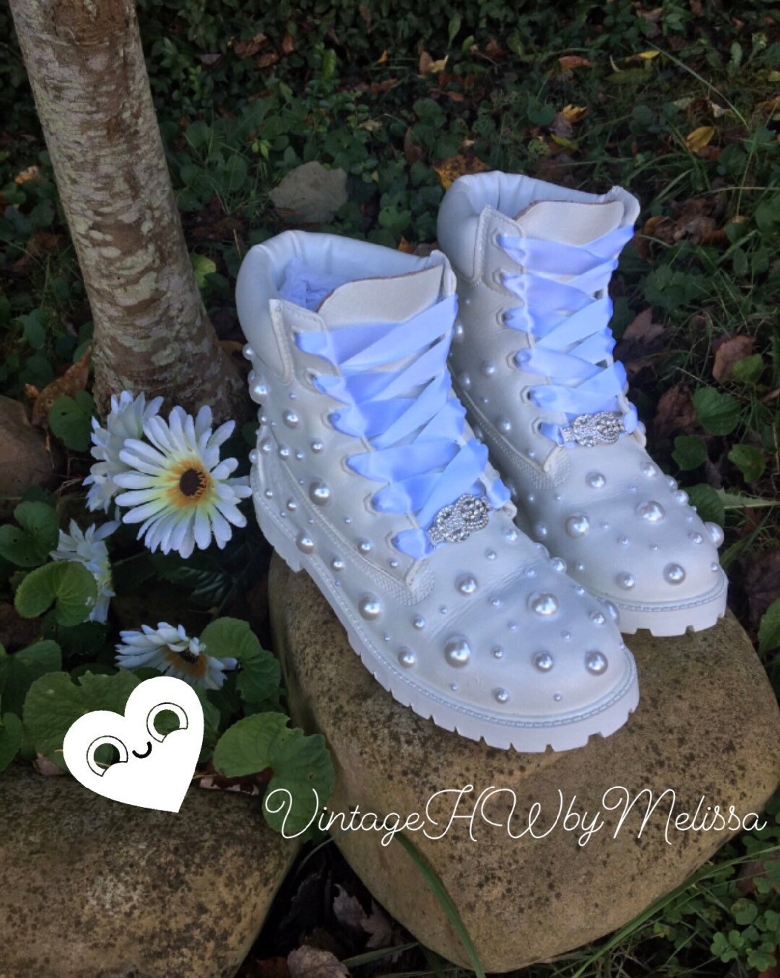 Custom Hand Painted White Timbs Pearls Gift Mid Boots | Etsy