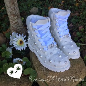 Custom, Hand Painted, White, Timbs, Pearls, Gift, Mid, Boots, Shoes ...