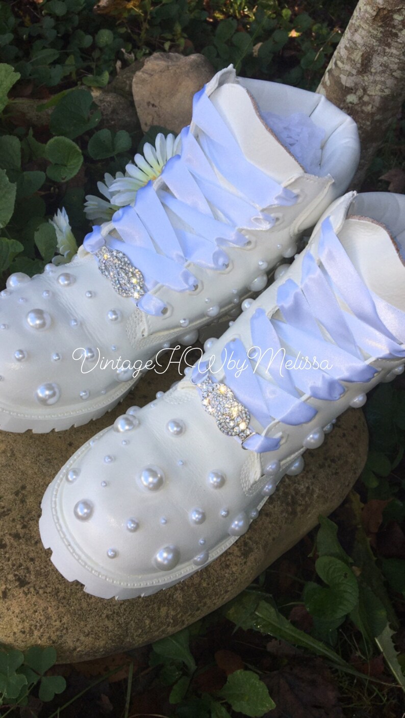 Custom Hand Painted White Timbs Pearls Gift Mid Boots | Etsy