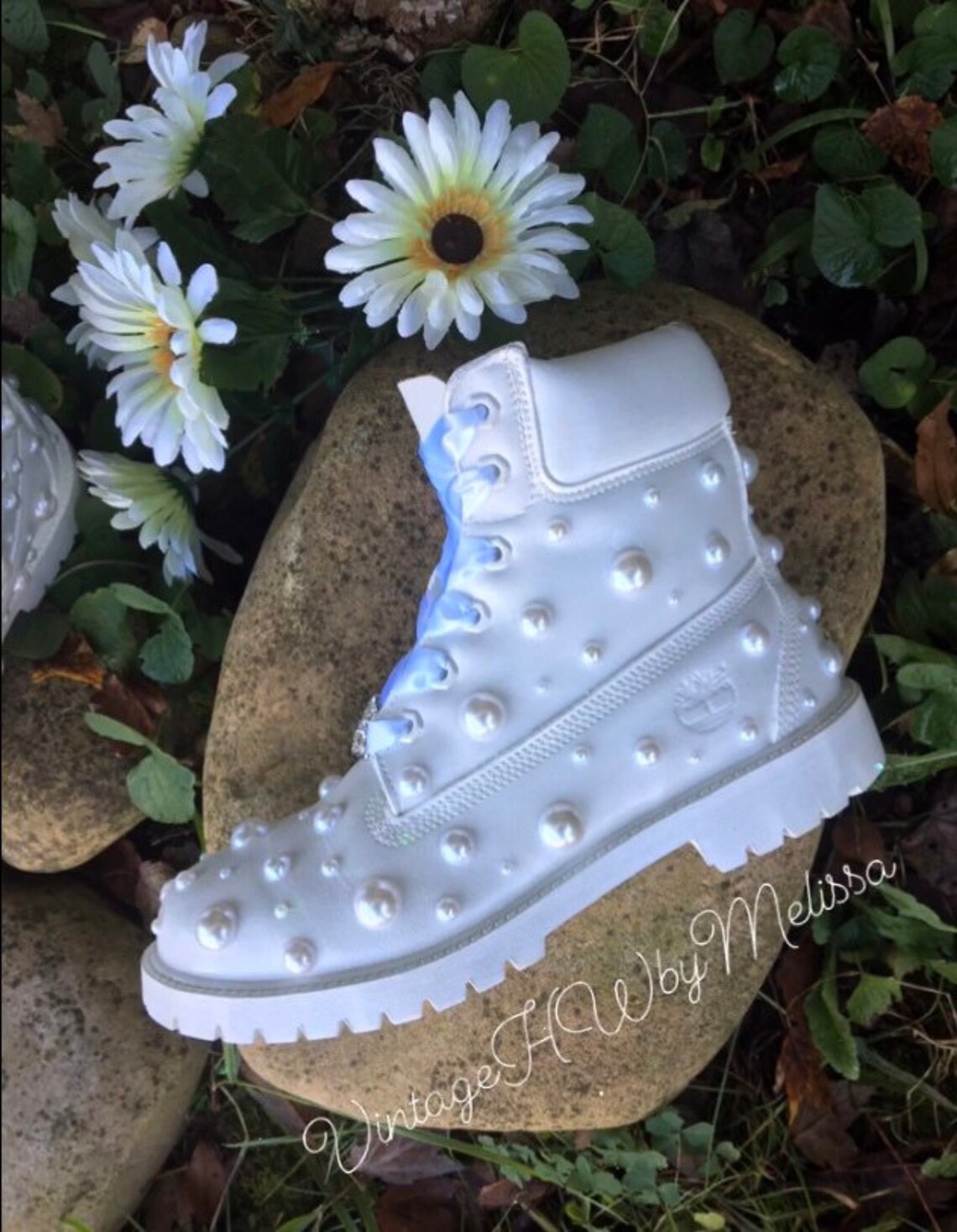 Custom Hand Painted White Timbs Pearls Gift Mid Boots | Etsy