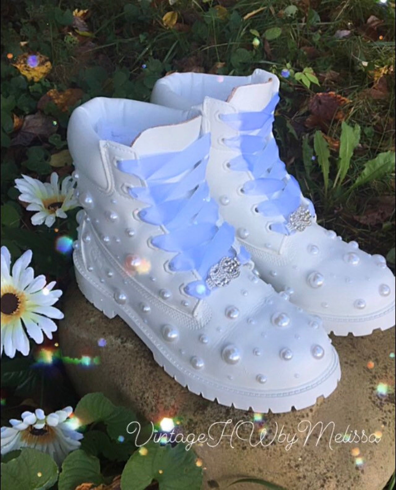 Custom Hand Painted White Timbs Pearls Gift Mid Boots | Etsy