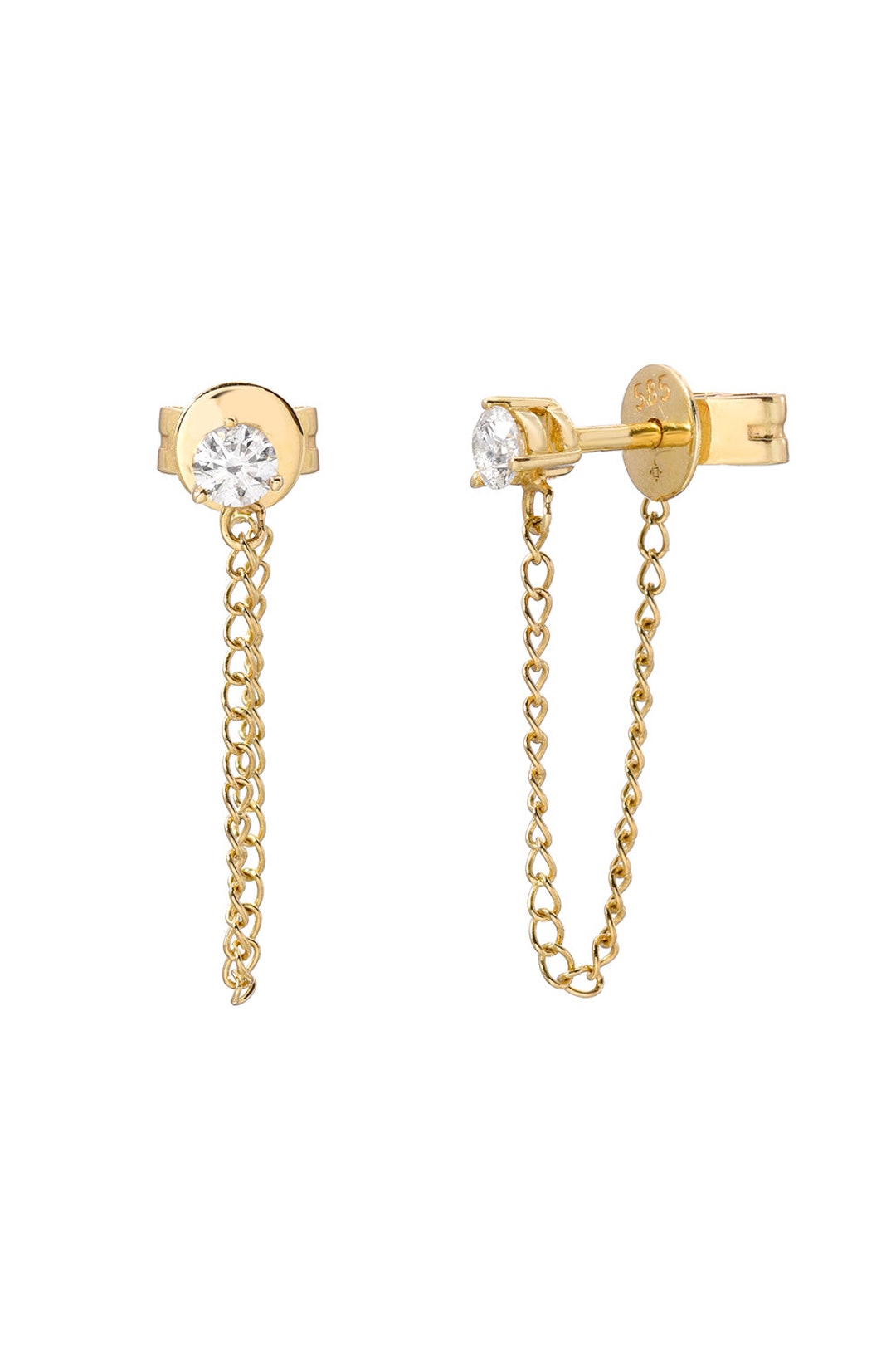 3 Prong Diamond Chain Stud Earrings - Etsy