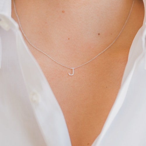 Small Diamond Initial Necklace Diamond Letter Disc Necklace - Etsy