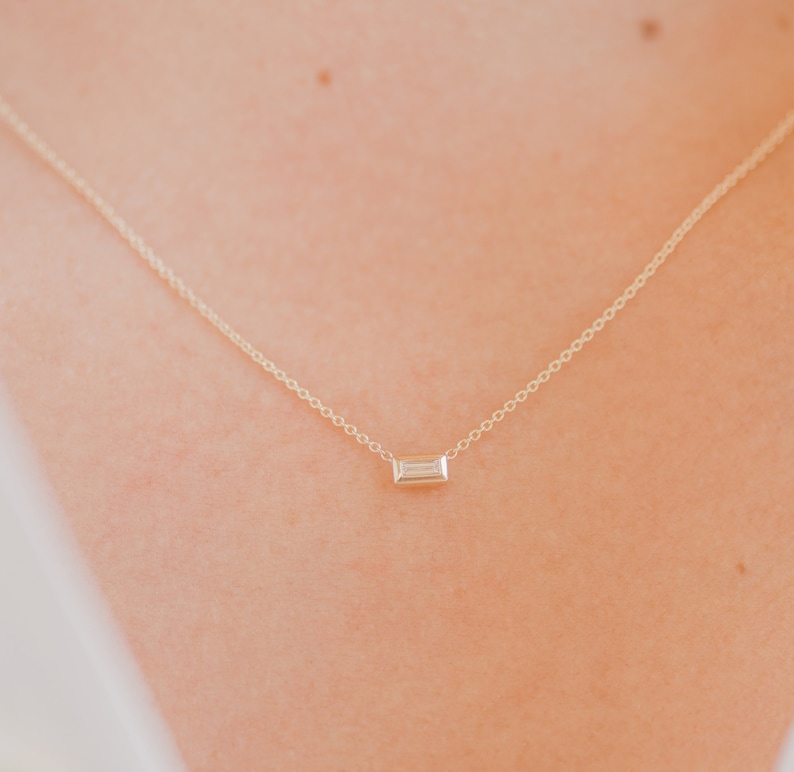 Baguette Diamond Necklace, 14k Gold Bar Pendant - Etsy