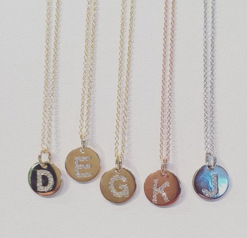 Small Diamond Initial Necklace Diamond Initial Disc 14k - Etsy
