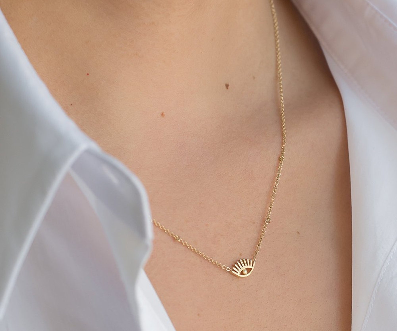 14k Solid Gold Evil Eye Necklace With Eyelashes - Etsy