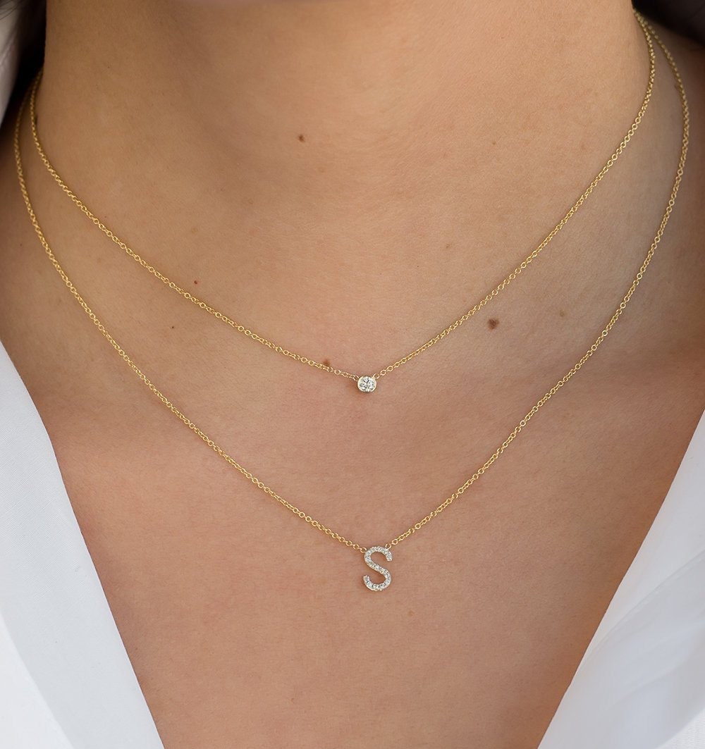 Diamond Letter Necklace, 14k Solid Gold - Etsy
