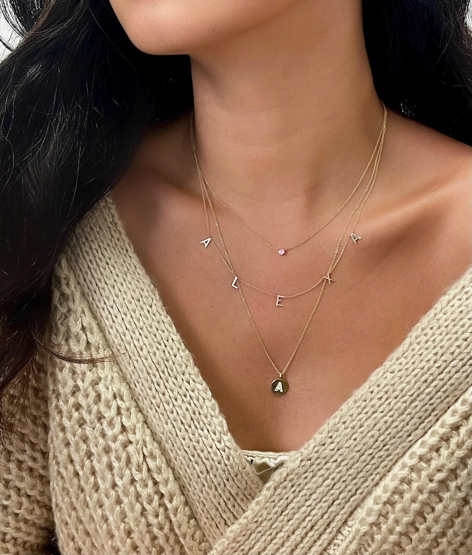 Small Diamond Initial Necklace Diamond Letter Disc Necklace - Etsy