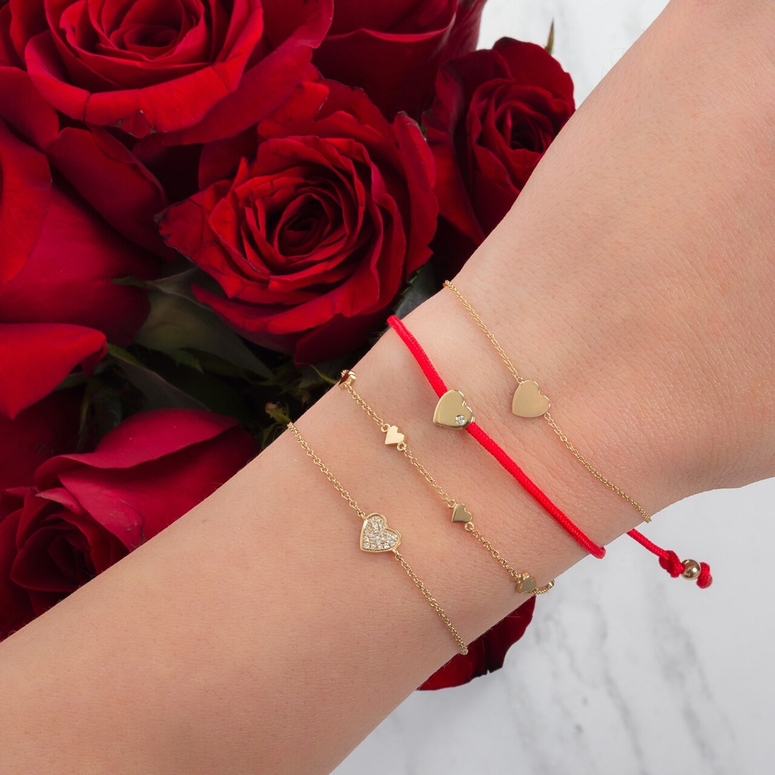 14k Gold Heart With Tiny Diamond String Bracelet - Etsy