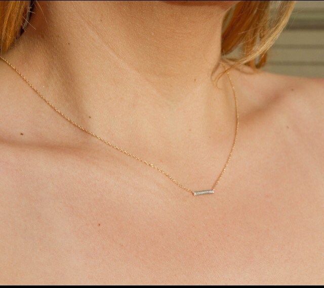 Small Diamond Bar Necklace, Pave Diamond | 14k Solid Gold - Etsy