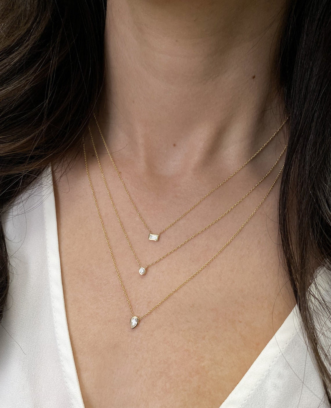 Baguette Diamond Necklace, 14k Gold Bar Pendant - Etsy