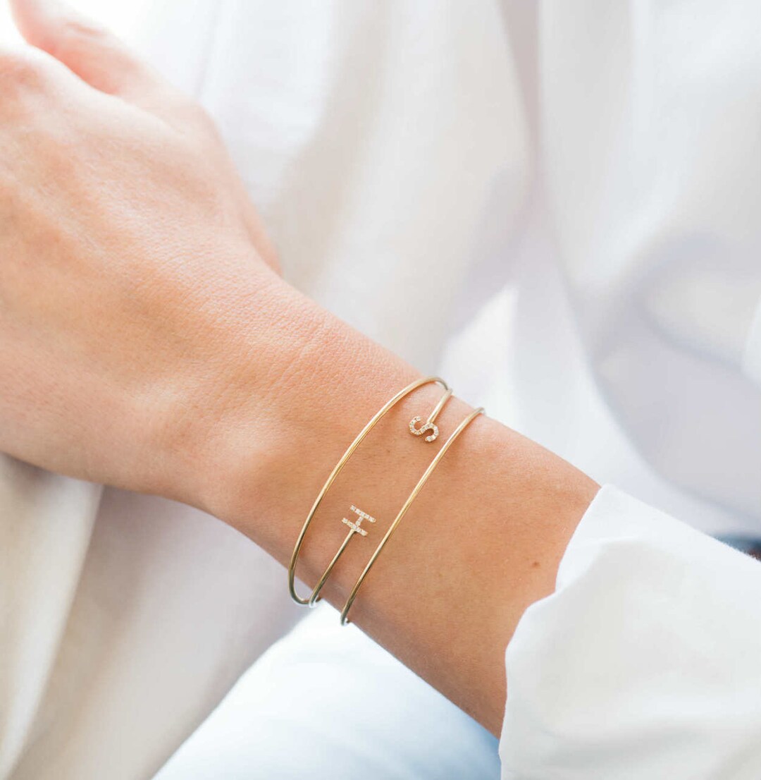 14k Gold Diamond Initial Cuff Bracelet - Etsy