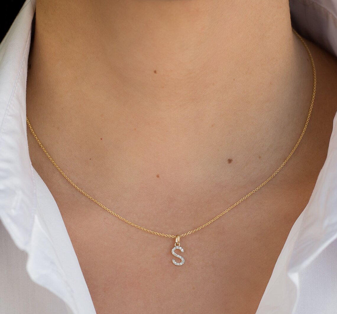 Diamond Letter Necklace 14k Solid Gold Pave Diamond Initial - Etsy