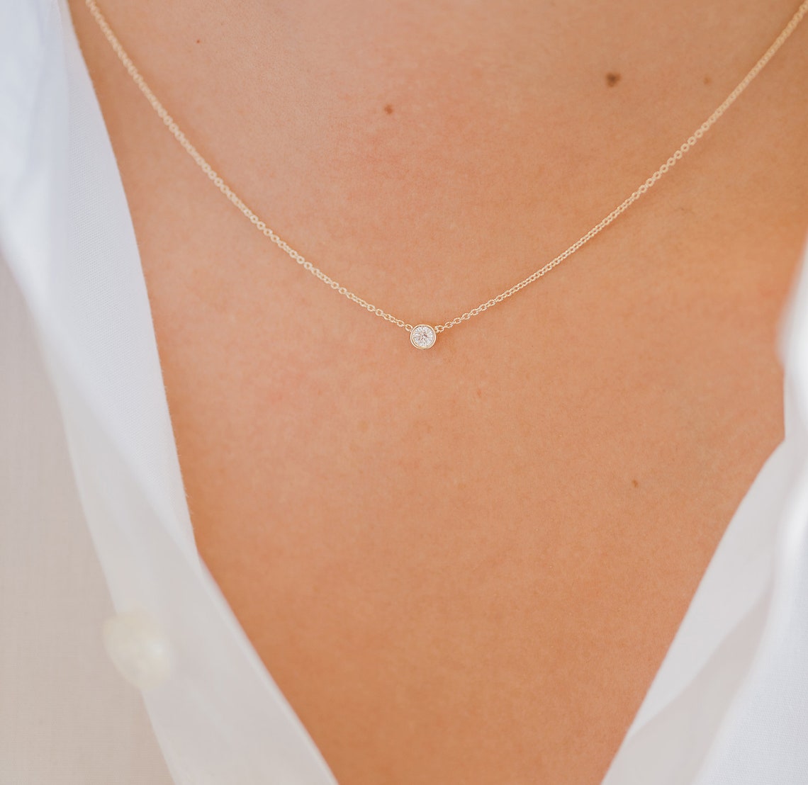 Solitaire diamond necklace Small Bezel Necklace | Etsy