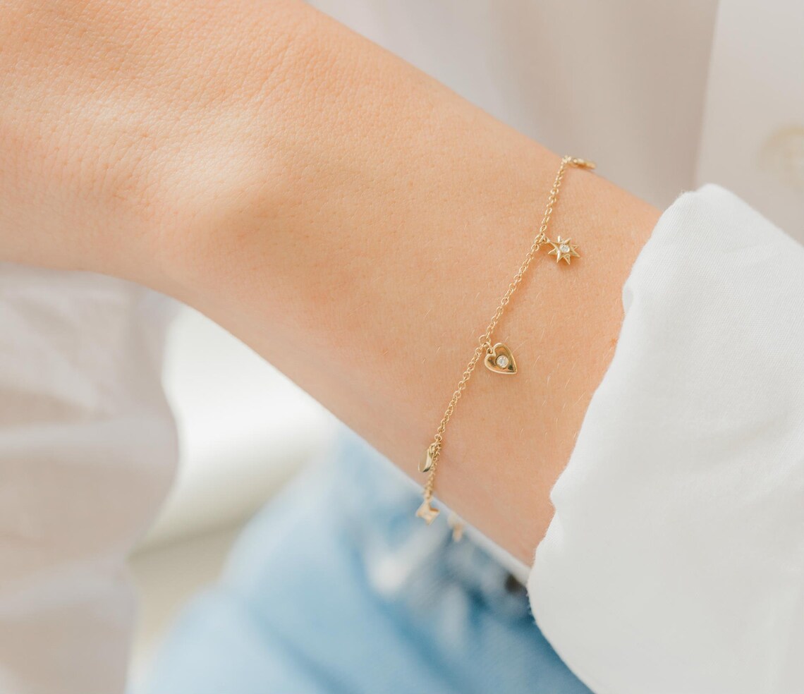 14k Solid Gold Charm Bracelet - Etsy