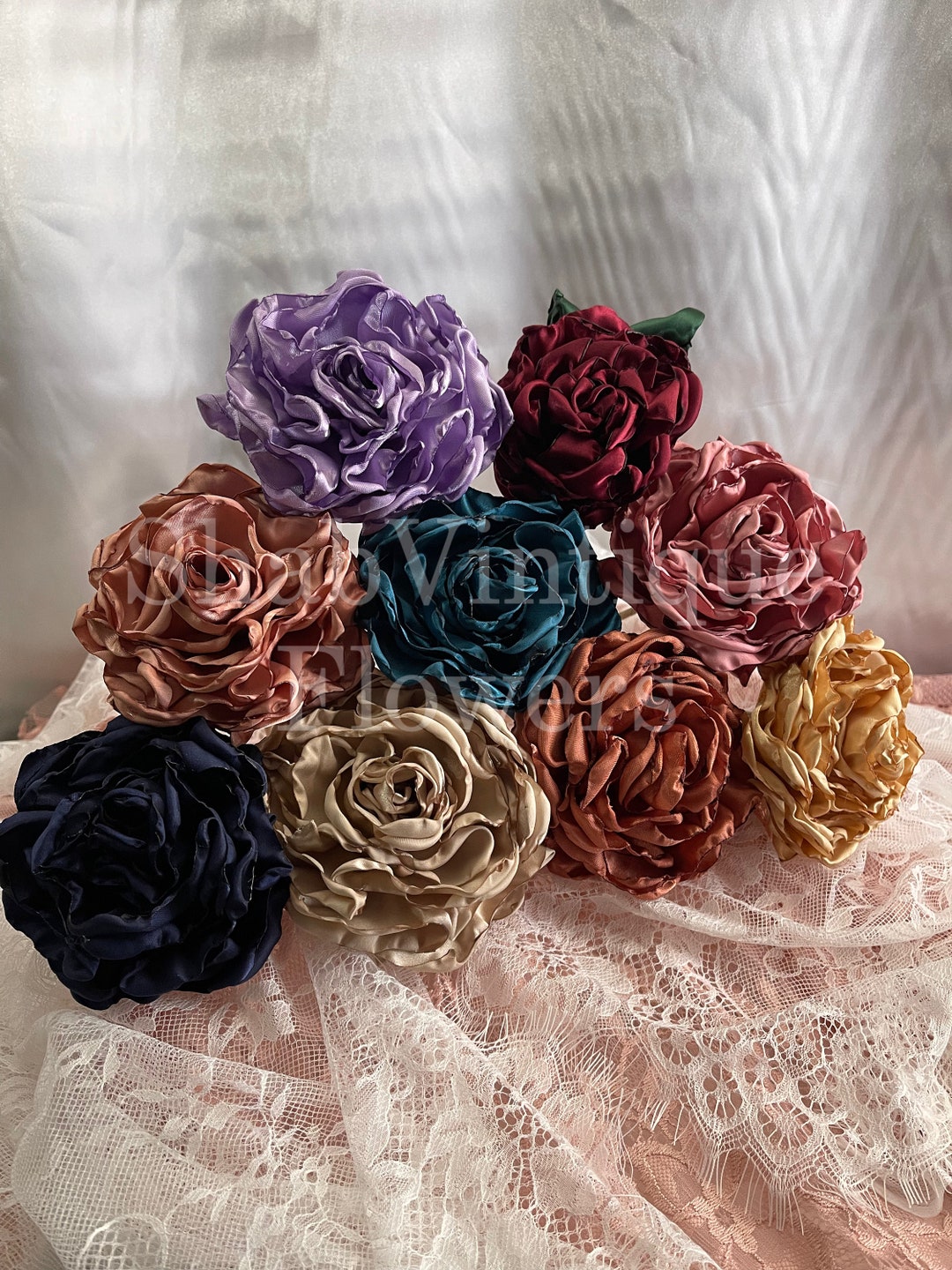 Burgundy, Gold, Rose Gold, Terracotta, Teal, Lavender Satin Flowers 12 ...