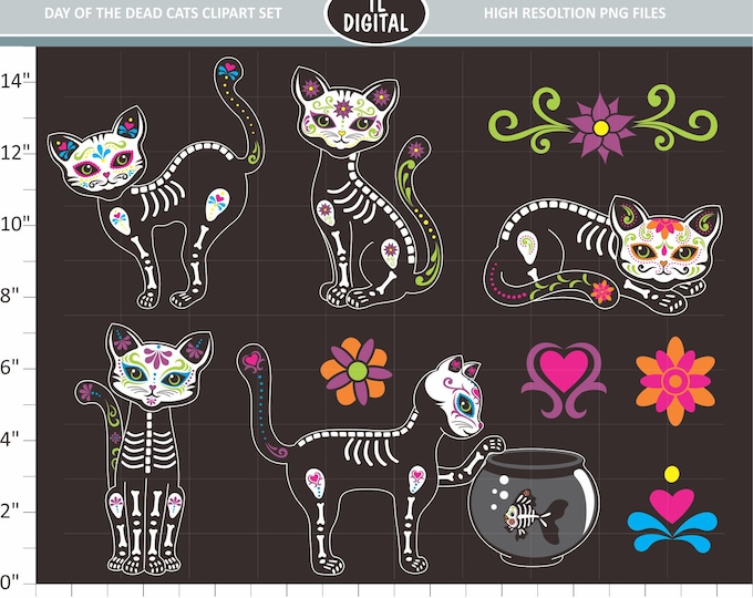 Day of the Dead Cats Clipart Set - Sugar Skull Cats - High Resolution ...