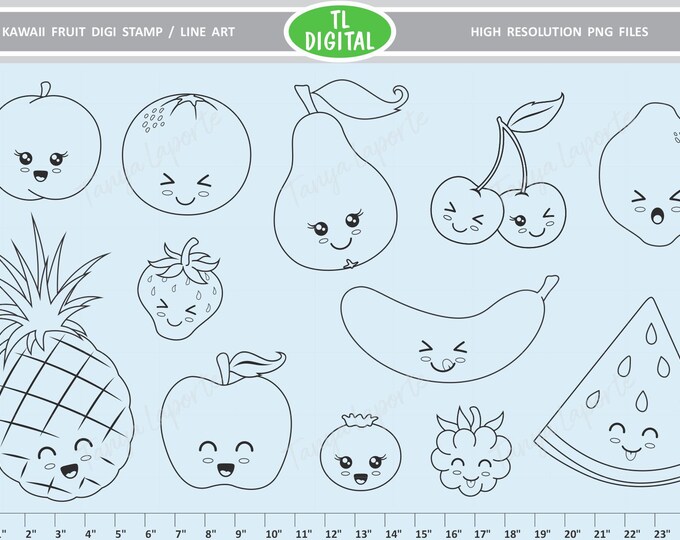 Fruit Digital Stamps - Food Line Art, Outlines, Lemon, Pineapple, Fruit ...
