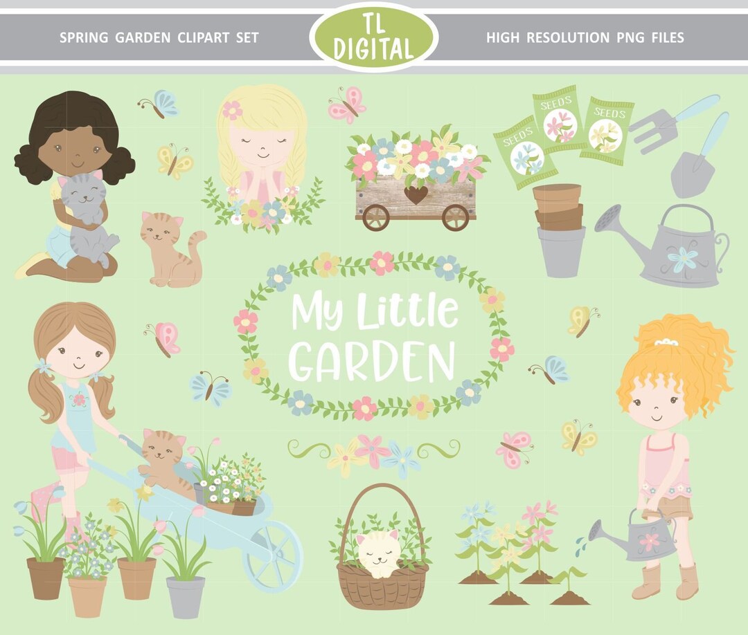 Spring Garden Clipart Set Girls Gardening Clipart Set High Resolution ...