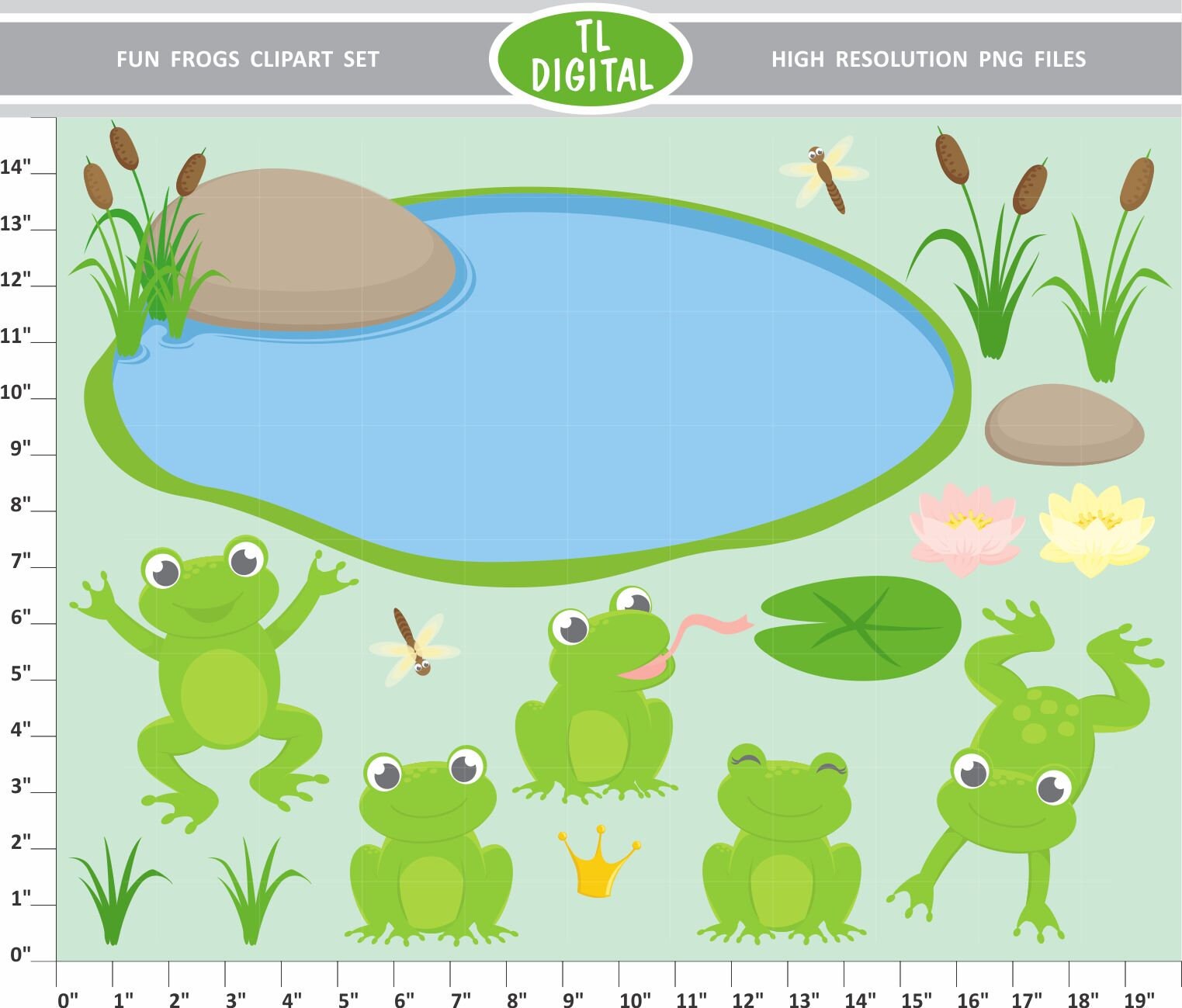 Frog Fun Clipart Set - Cute Pond - High Resolution PNG Files - 17 ...