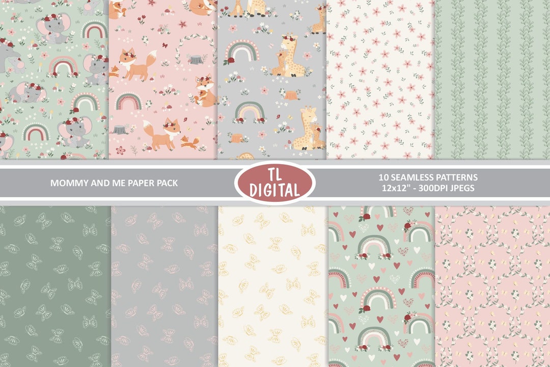 Mom and Baby Animal Floral Digital Paper Set 10 Seamless Patterns 12x12 ...