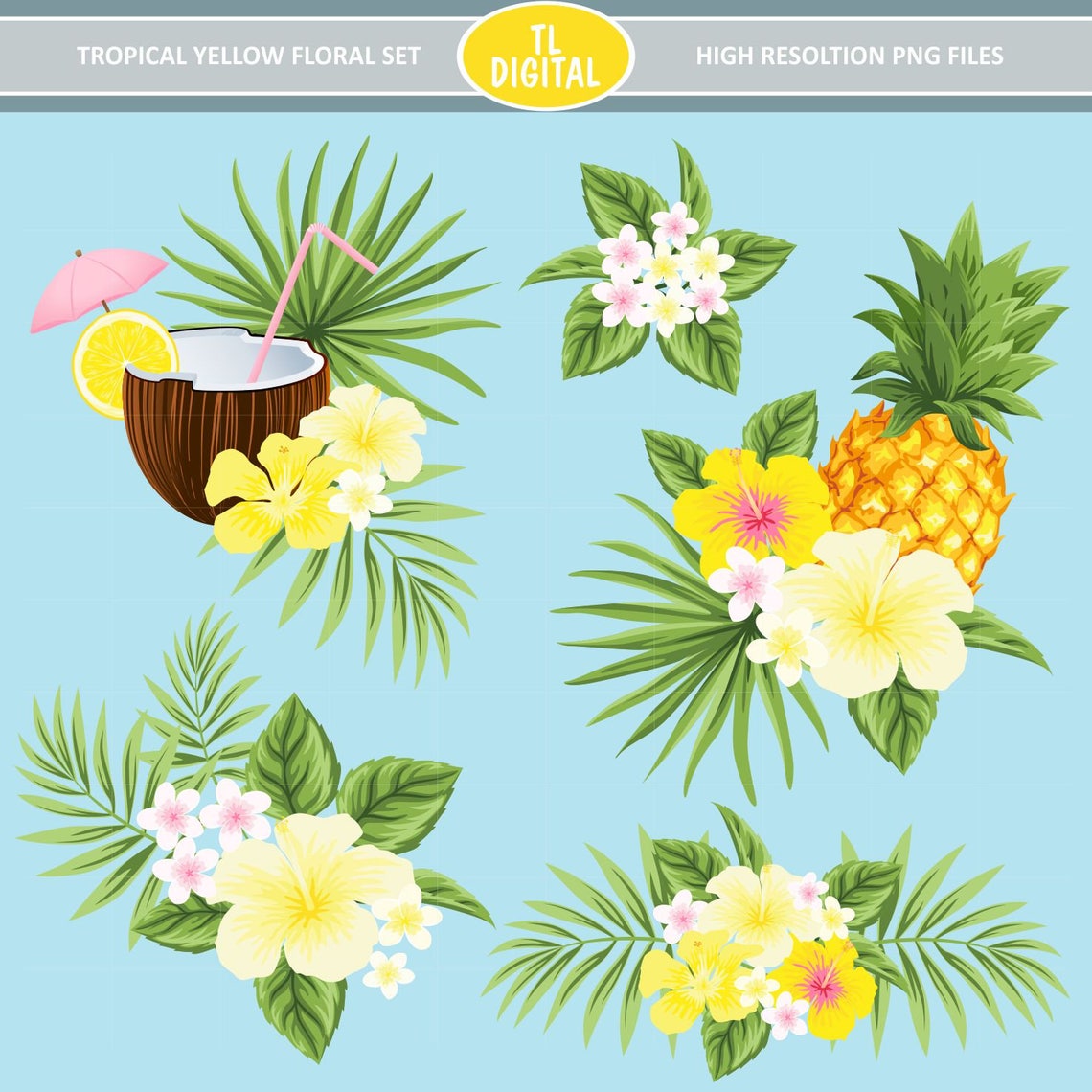 Tropical Flowers Clipart Set Yellow Flower Tropical Set - Etsy Australia