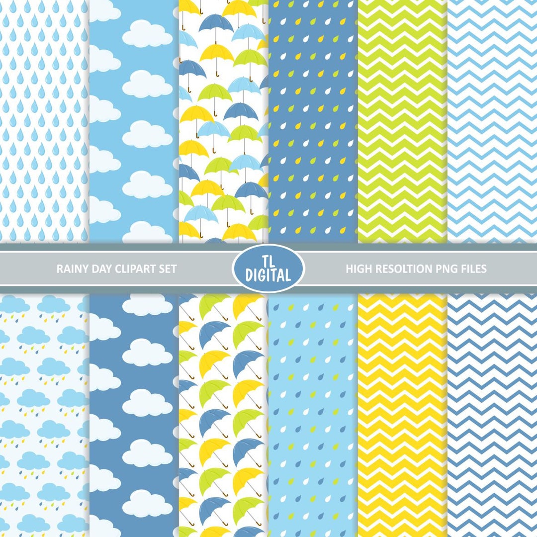 Rainy Days Digital Paper Set - Cloud Paper Set - Blue, Green and Yellow ...