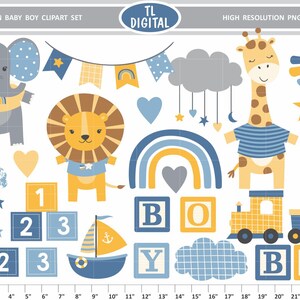 Modern Baby Boy Clipart Set Baby Animal Illustrations Blue, Yellow and ...