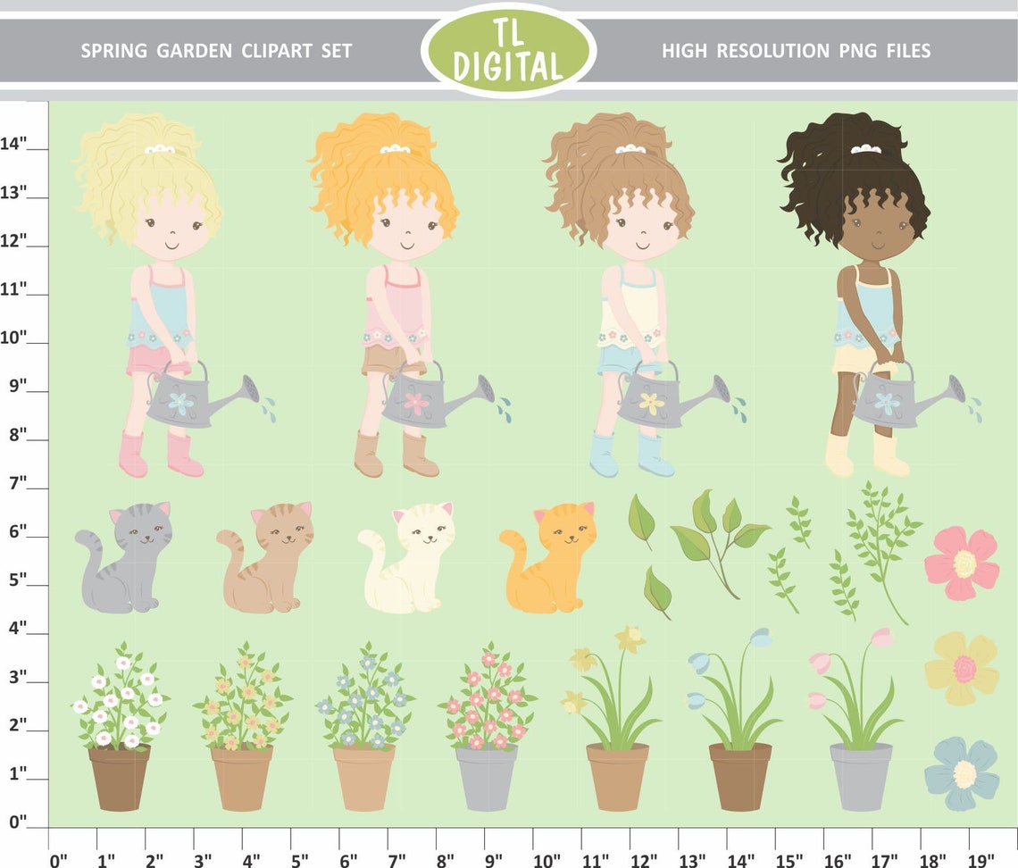 Spring Garden Clipart Set Girls Gardening Clipart Set High | Etsy