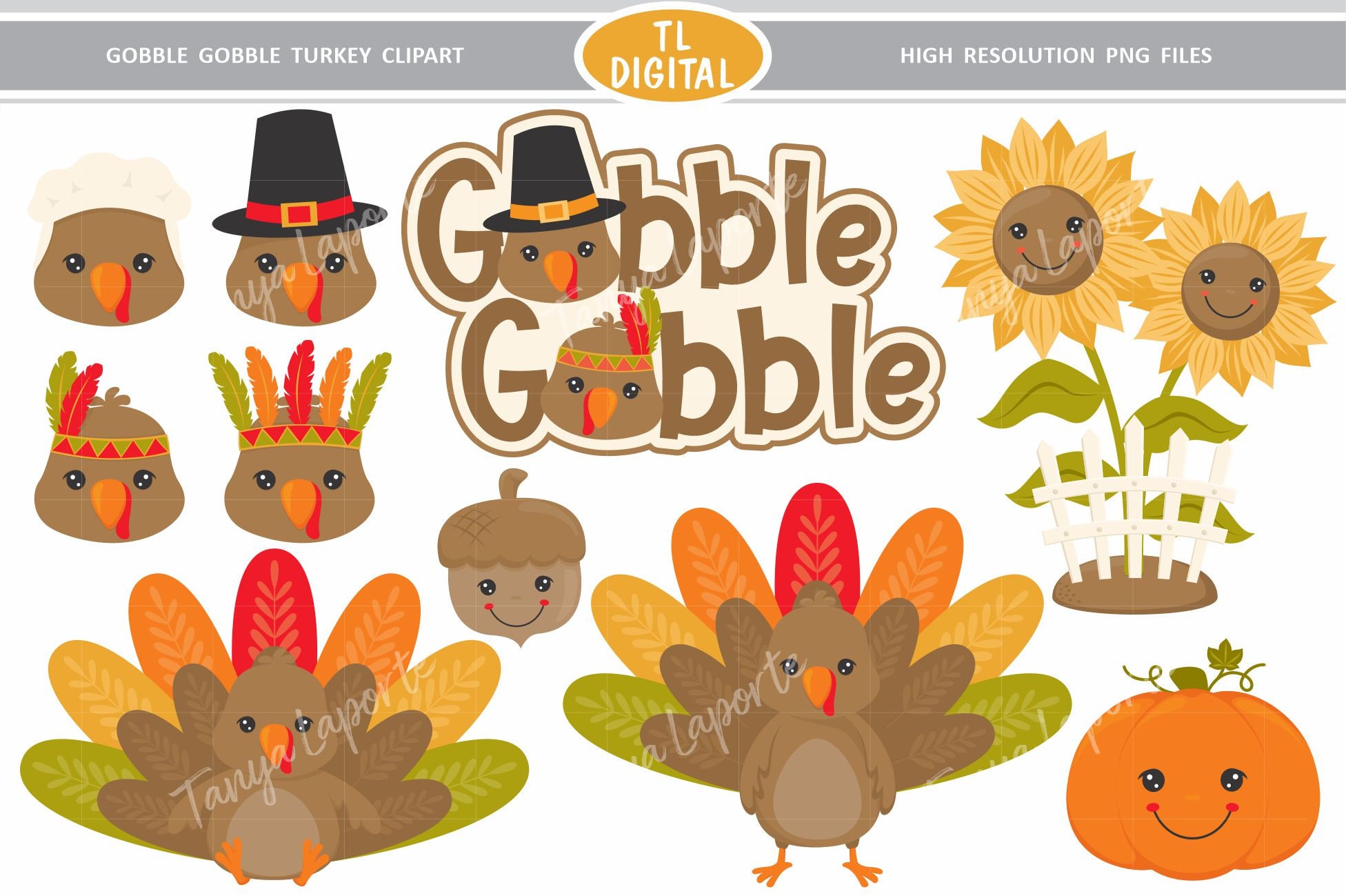 Thanksgiving Turkey Clipart Set Gobble Gobble 10 | Etsy