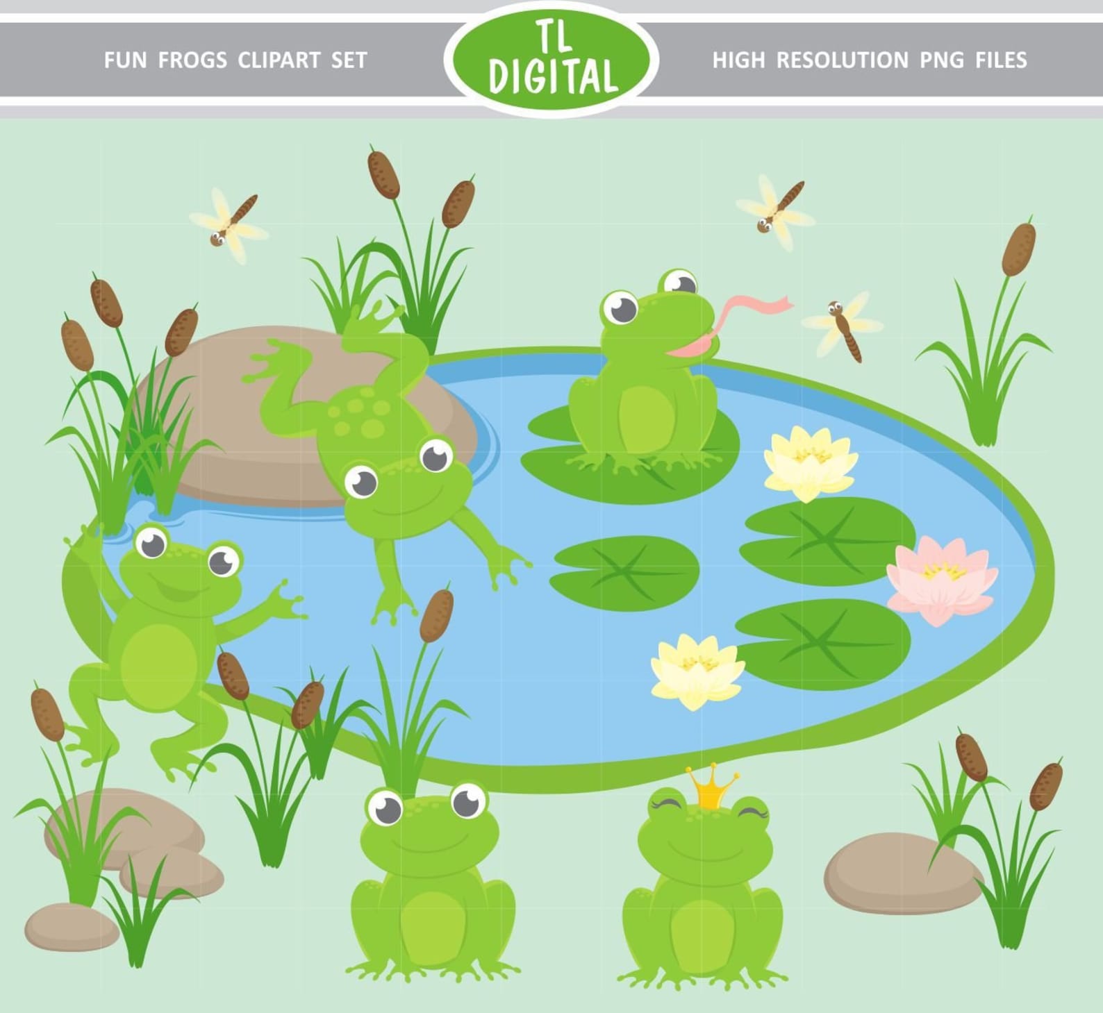 Frog Fun Clipart Set Cute Pond High Resolution PNG Files - Etsy