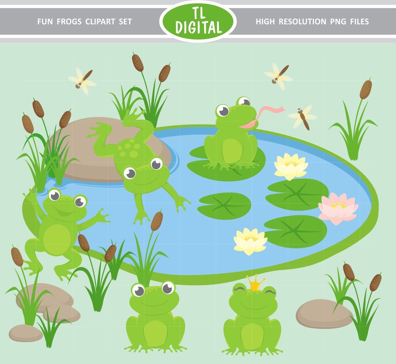 Frog Fun Clipart Set Cute Pond High Resolution PNG Files - Etsy