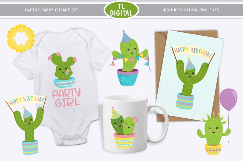 Cactus Party Clipart Set - Cute Cactus - High Resolution PNG Files - 22 ...