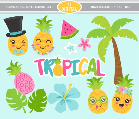 Tropical Pineapple Clipart Set Kawaii Pineapple Characters | Etsy