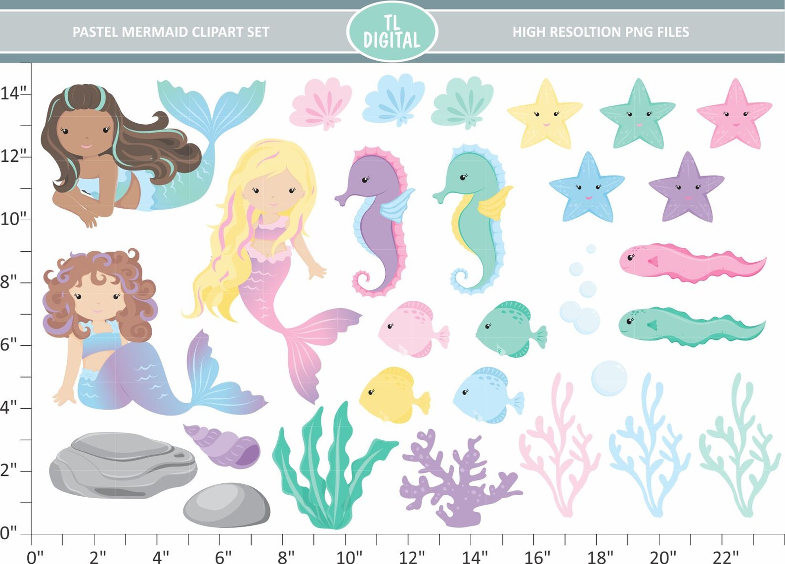 Pastel Mermaid Clipart Set Sealife Clipart 29 Etsy