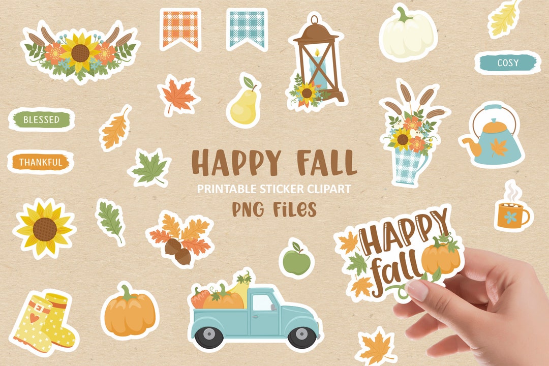 Fall Digital Sticker Clipart Set – Printable PNG Files, Orange and Blue ...