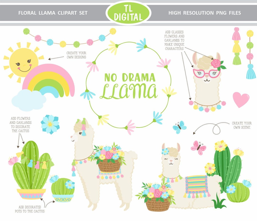 Floral Llama Clipart Set Cute Animal and Cactus Clipart Set High ...
