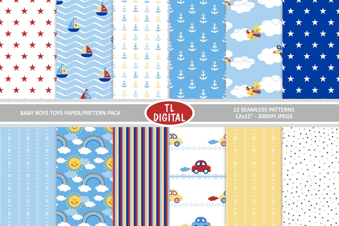 Baby Boy Seamless Patterns With Sail Boats, Planes, Cars and Anchors ...