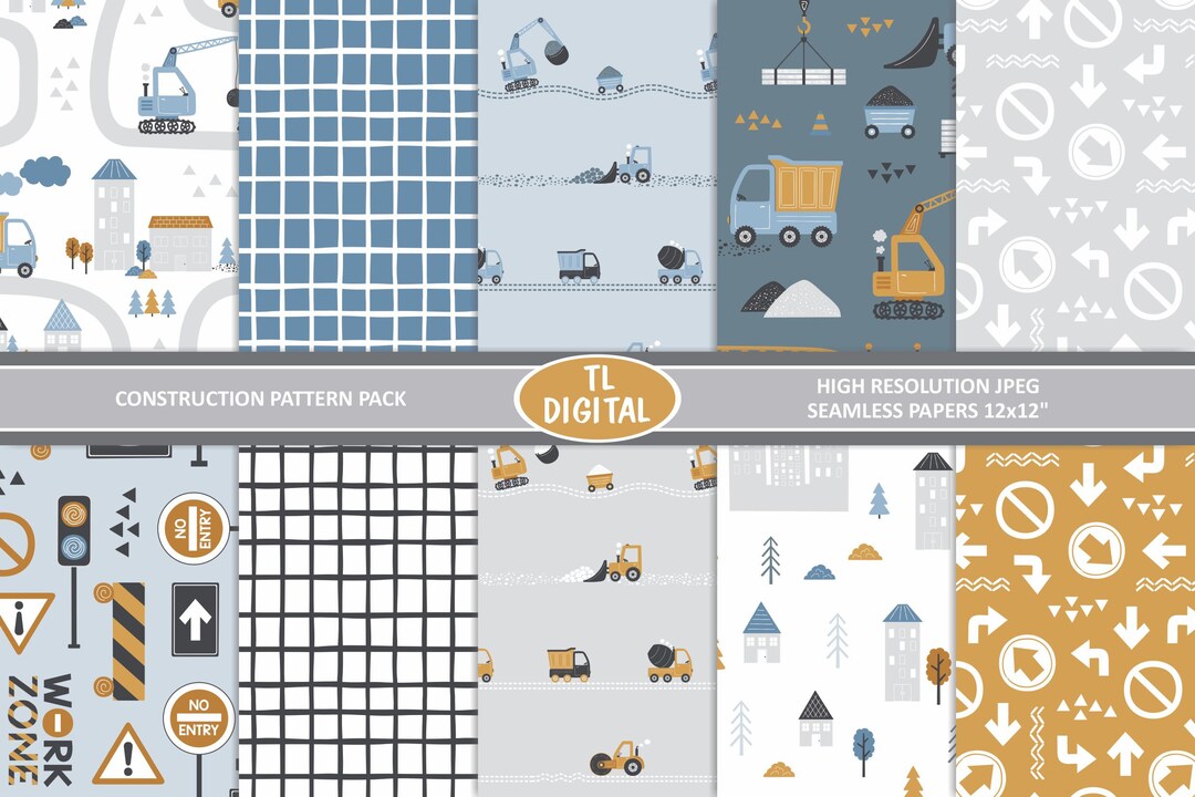 Construction Pattern Pack Vehicles and Buildings Digital Paper Set 10 ...