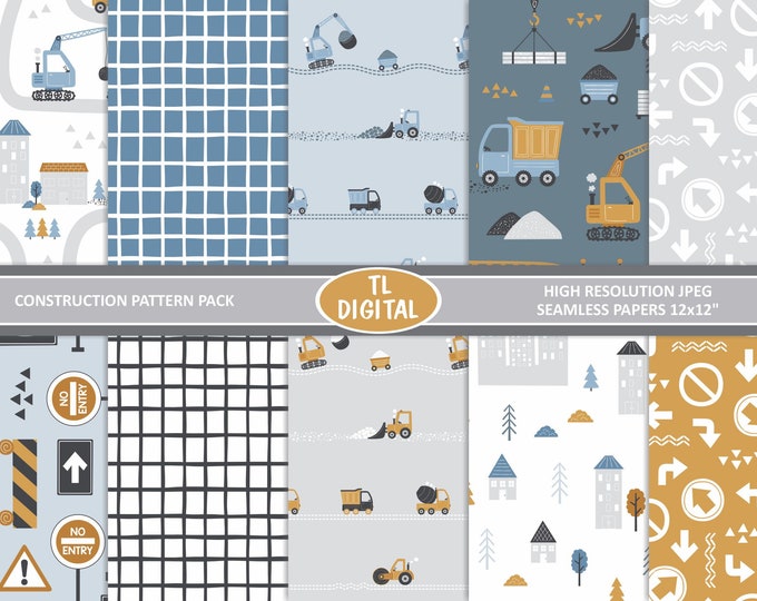 Construction Pattern Pack Vehicles and Buildings Digital Paper Set 10 ...