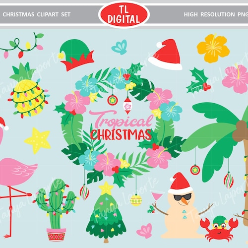 Tropical Christmas Clipart Set 28 Illustrations High - Etsy