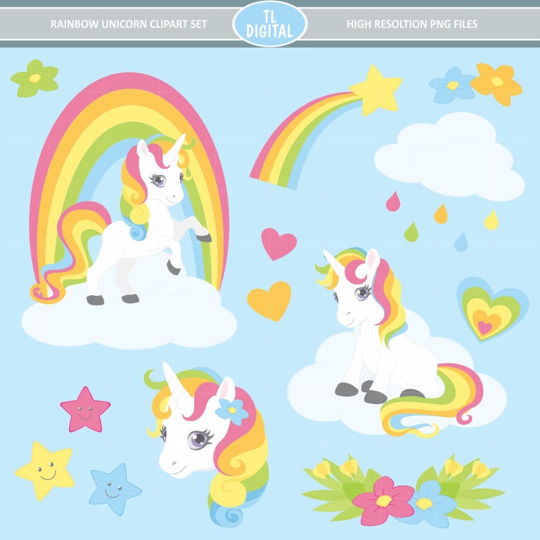 Rainbow Unicorn Clipart Set - High Resolution PNG Files - 30 Clipart ...