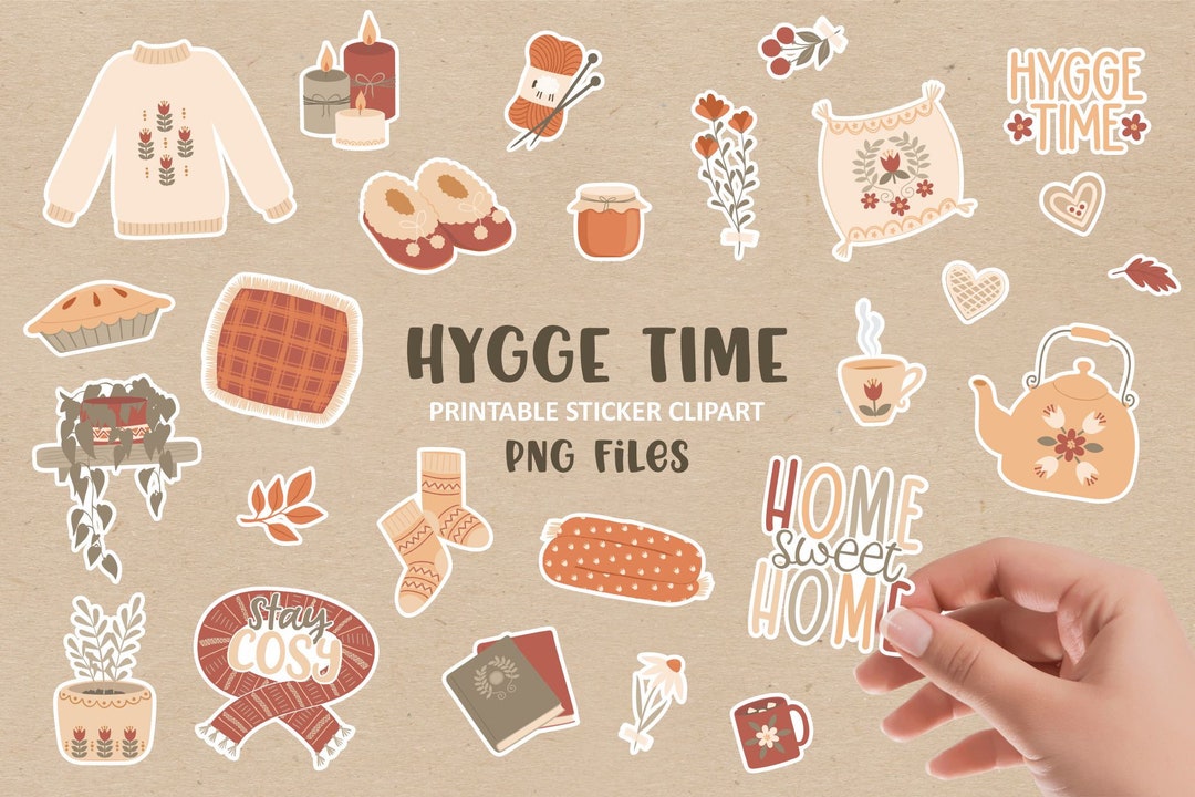Hygge Time Printable Sticker Clipart Set - Digital PNG Files - 26 ...
