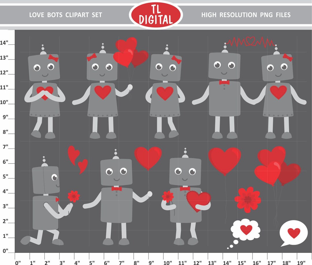 Love Robots Clipart Set - Cute Valentines Day Graphics - High ...