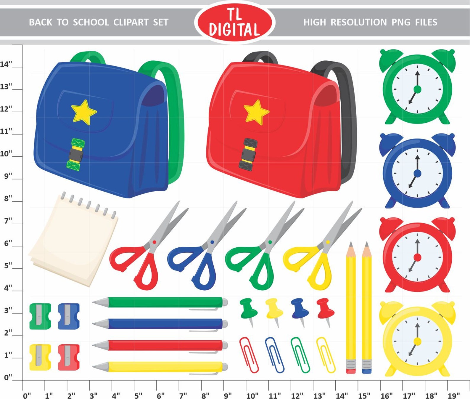 Back to School Clipart - Primary Colours - Stationery - 48 ...