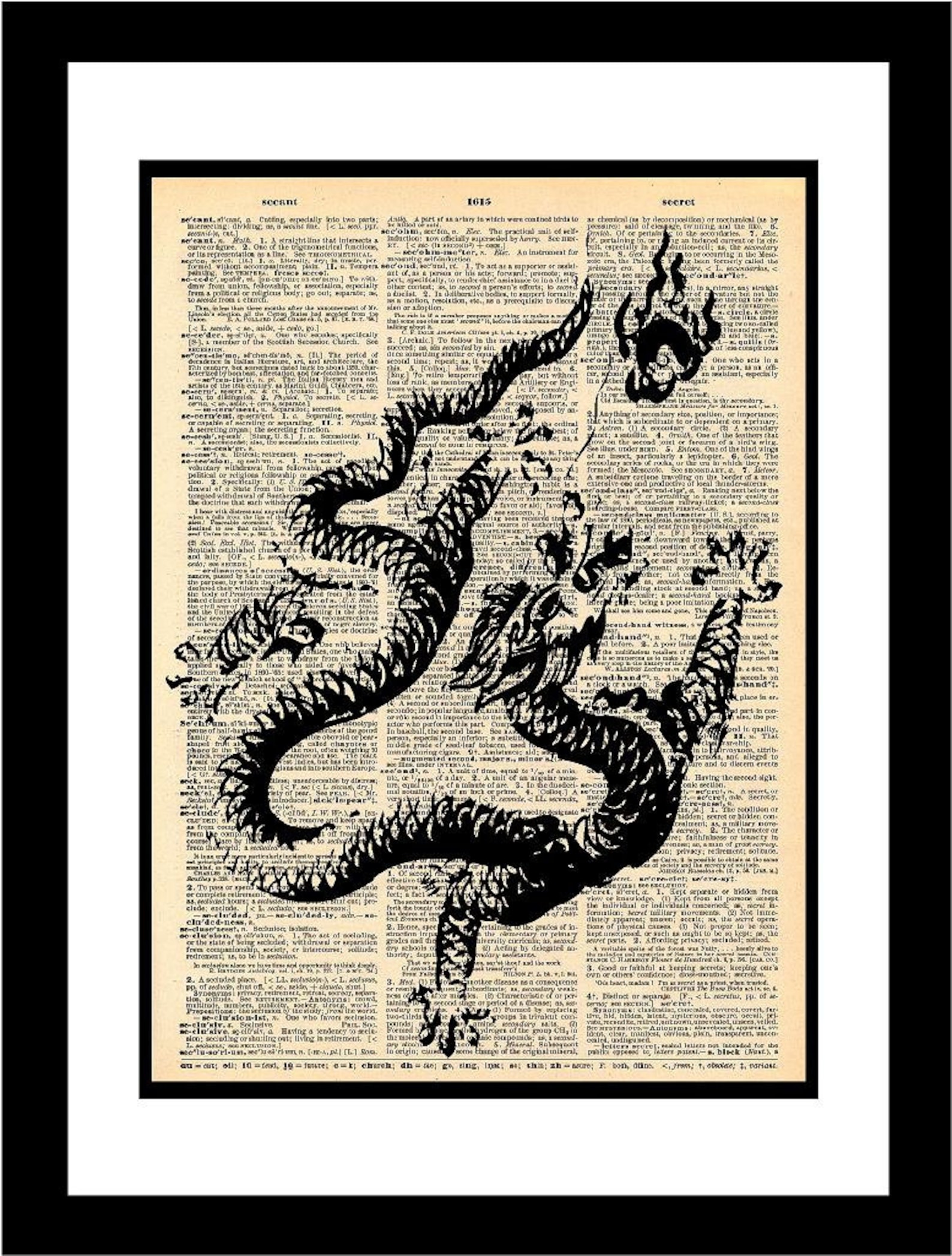 Chinese Dragon 2 Illustration Printed on Old Vintage Dictionary Paper ...