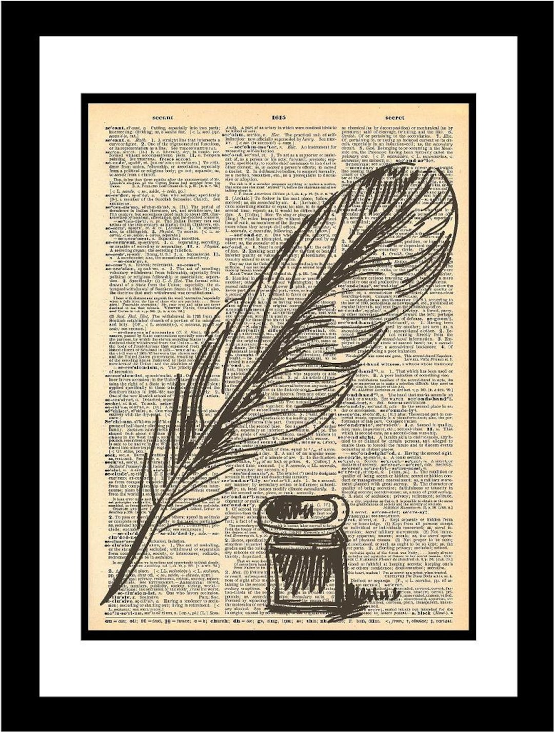 Quill and Inkwell Printed on Vintage Dictionary Old Paper Unique Print ...