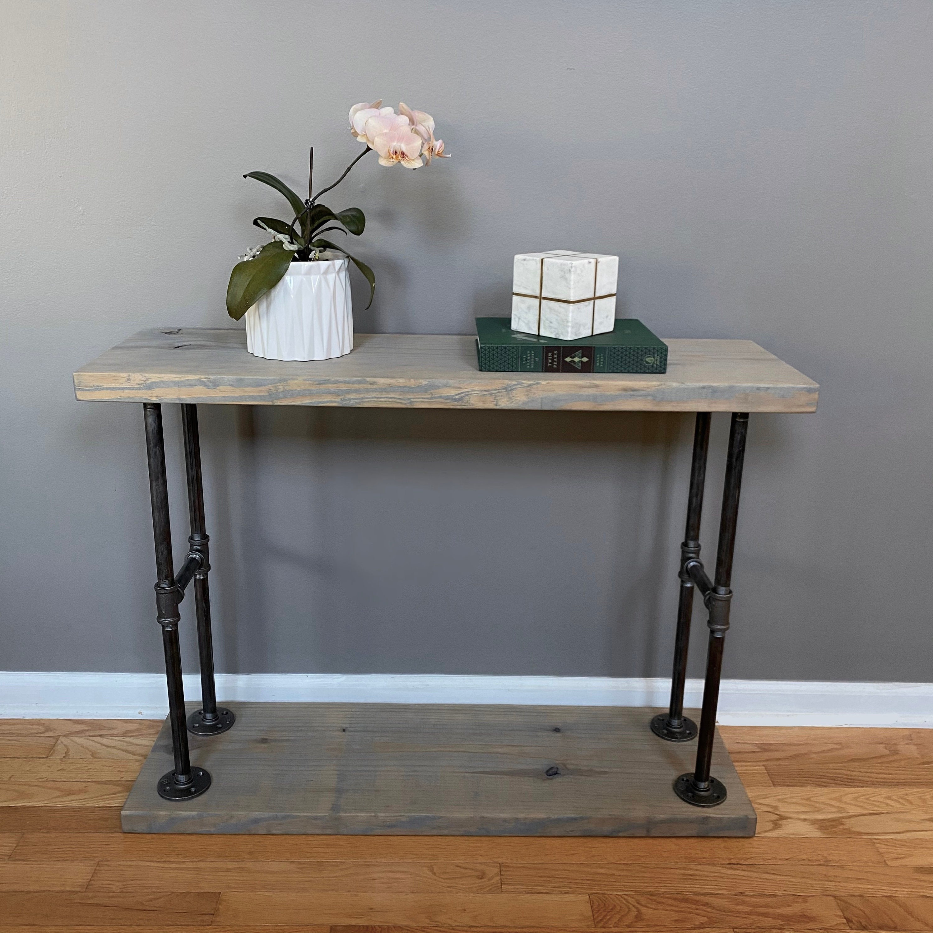 Iron Pipe Solid Wood ENTRY Table Industrial Seated or Standing Desk Freestanding Hall Sofa Table Laptop Custom Farmhouse Whitewash