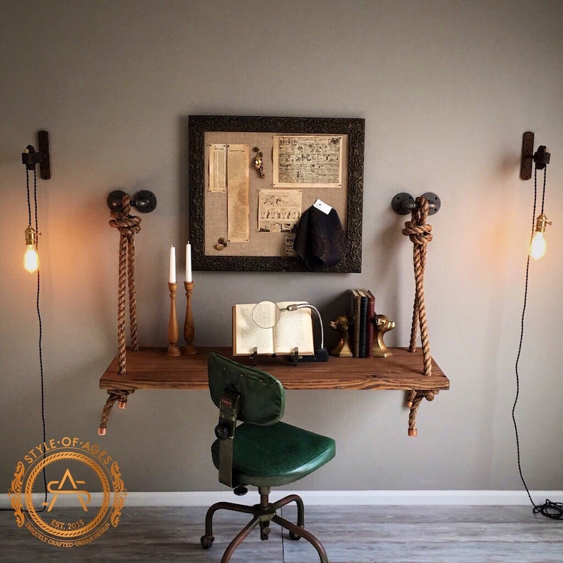 Rope &Pipe Desk Farmhouse Suspended Wood Wall Mounted | Etsy